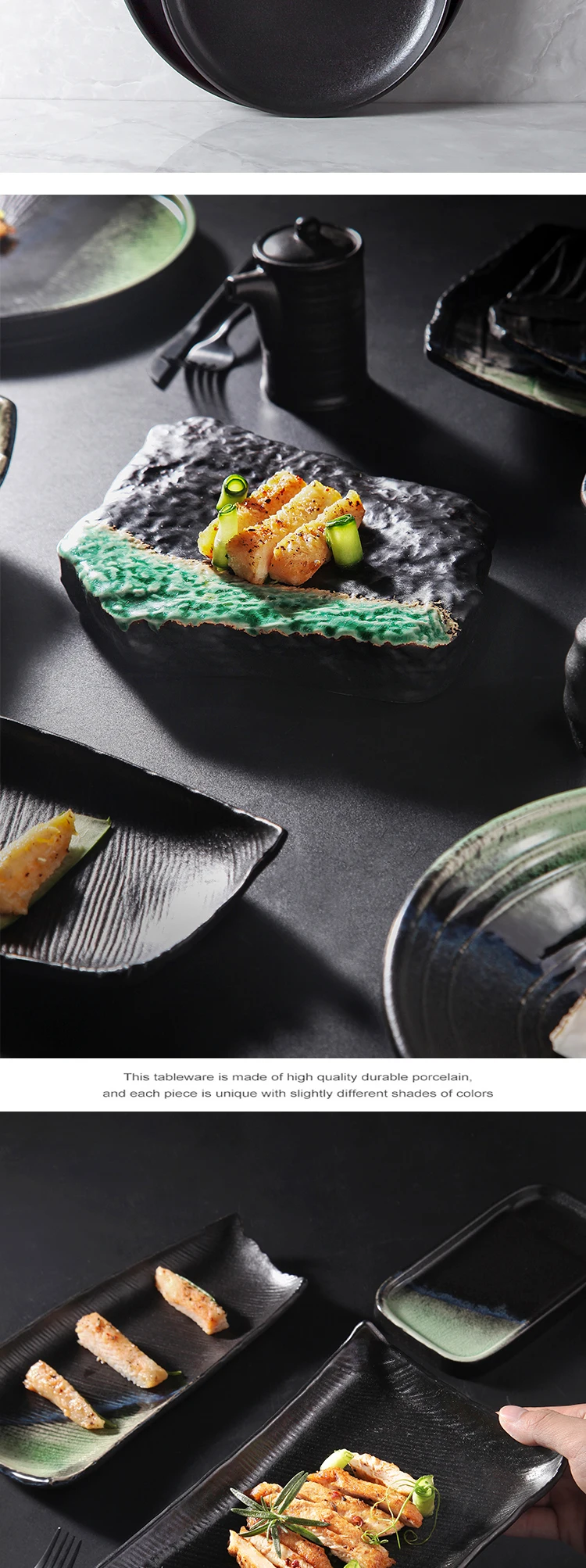 Unique Texture Japanese Art Retro Black Green Ceramic Plates