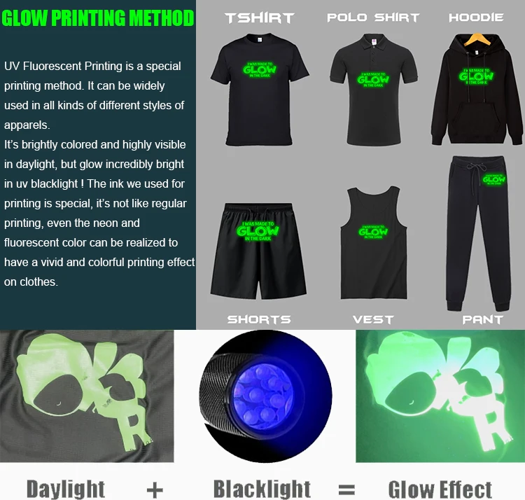 Hip-Hop Neon UV Reflective T-Shirt with Custom Logo - Glow in the Dark ...