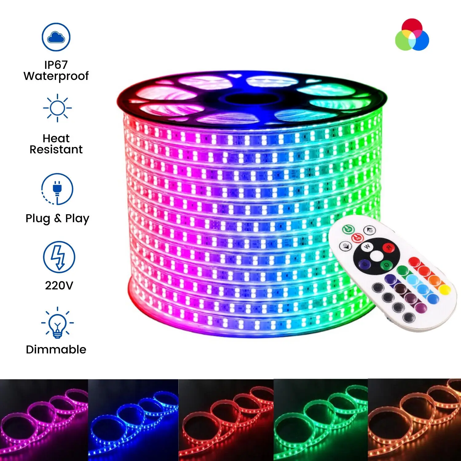 220v Waterproof Smd 5050 Rgb Led Strip 60 96 Leds Remote Control Smart ...