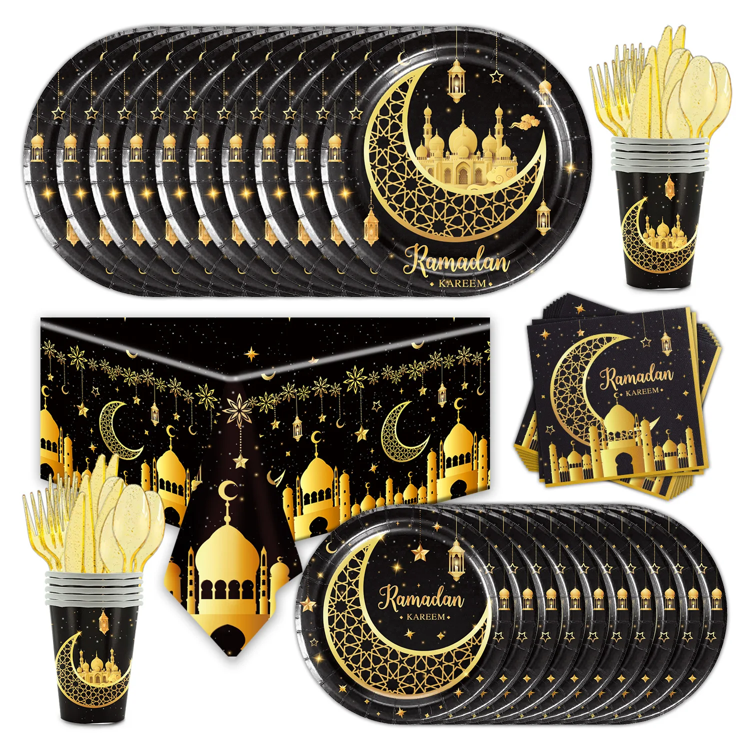 Star Moon Disposable Ramadan Tableware Eid Mubarak Plate Set With ...