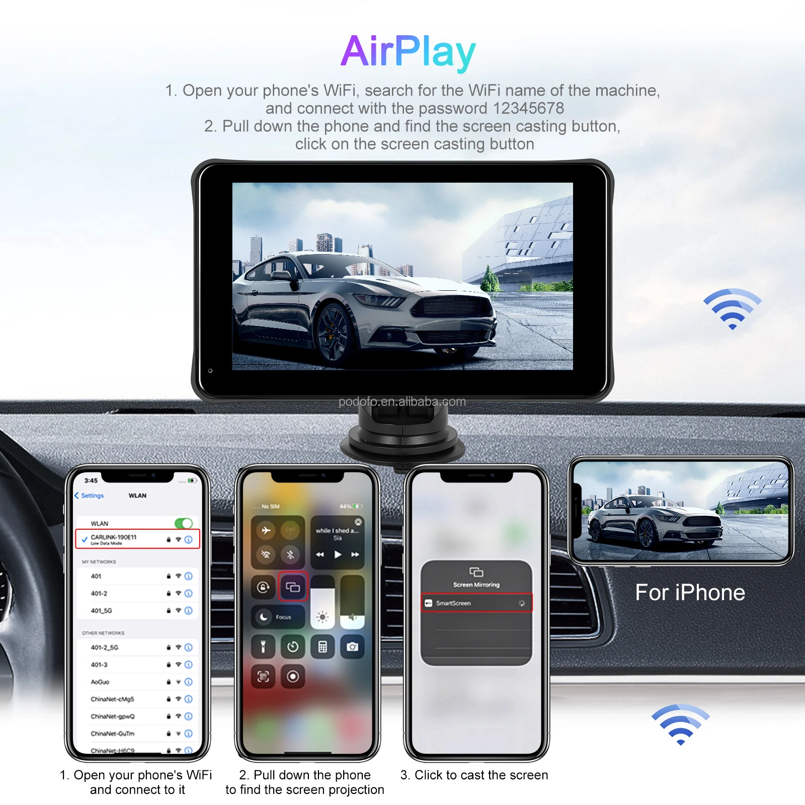 Podofo Portable Carplay/android Auto 7 Inch Hd Screen Car Monitor ...