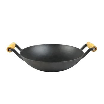 Japanese Flat Bottom Cast Iron Wok With Two Wooden Handles - Buy Wok ...