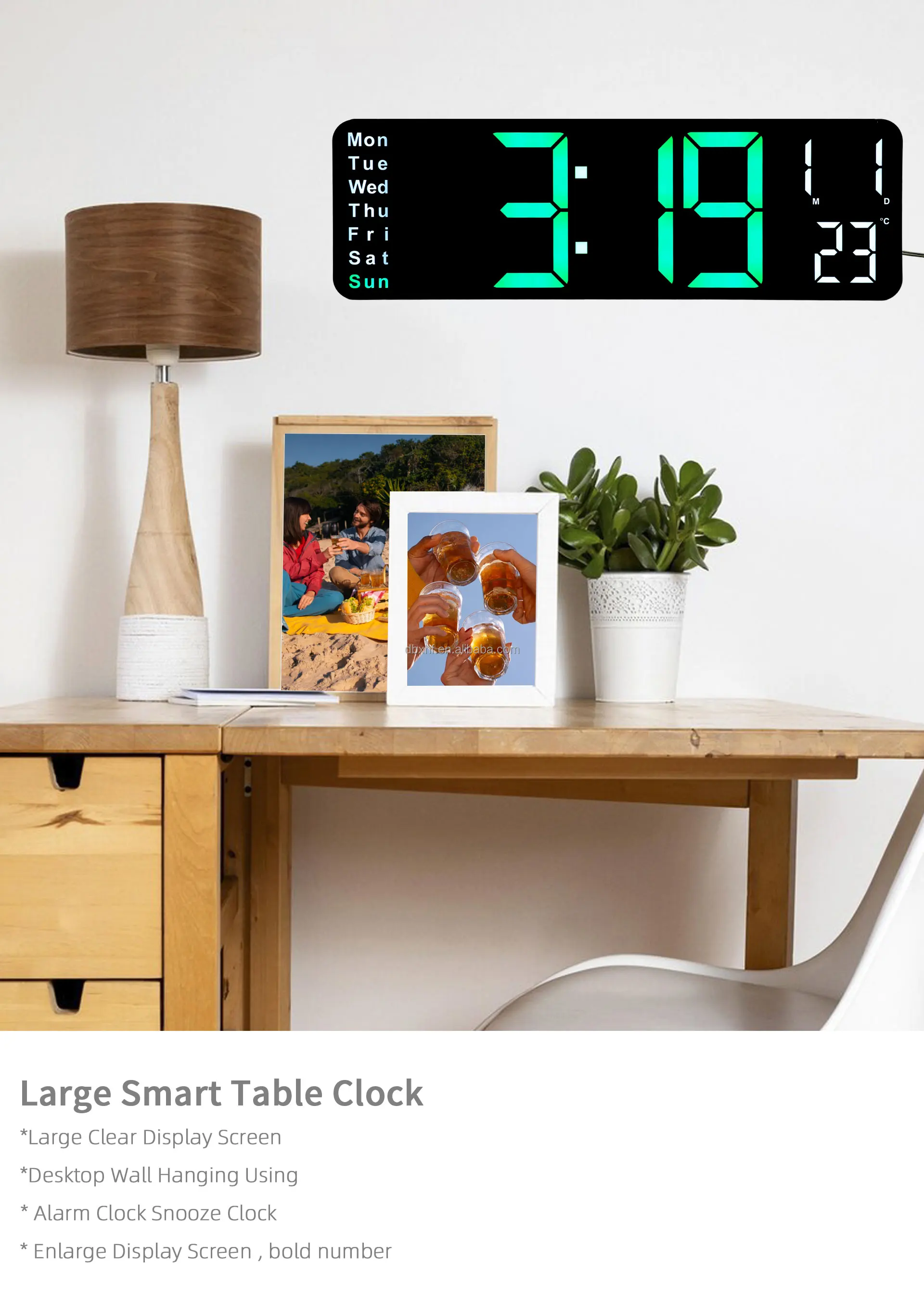 Modern Wall Clock Big Number Display Date Temperature Week Alarm Timer ...