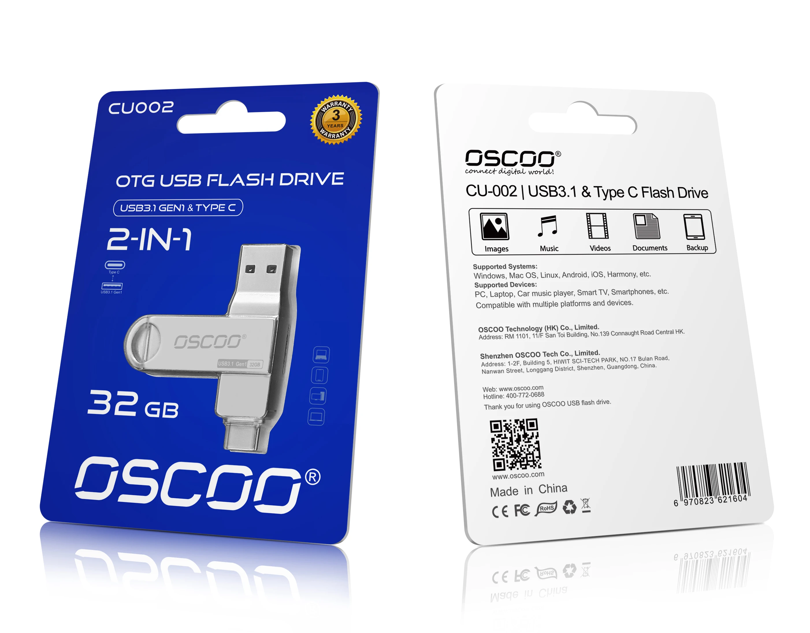 OSCOO USB3.1 Gen1 Type C Flash Drive High-Speed Data Transmission Wide ...