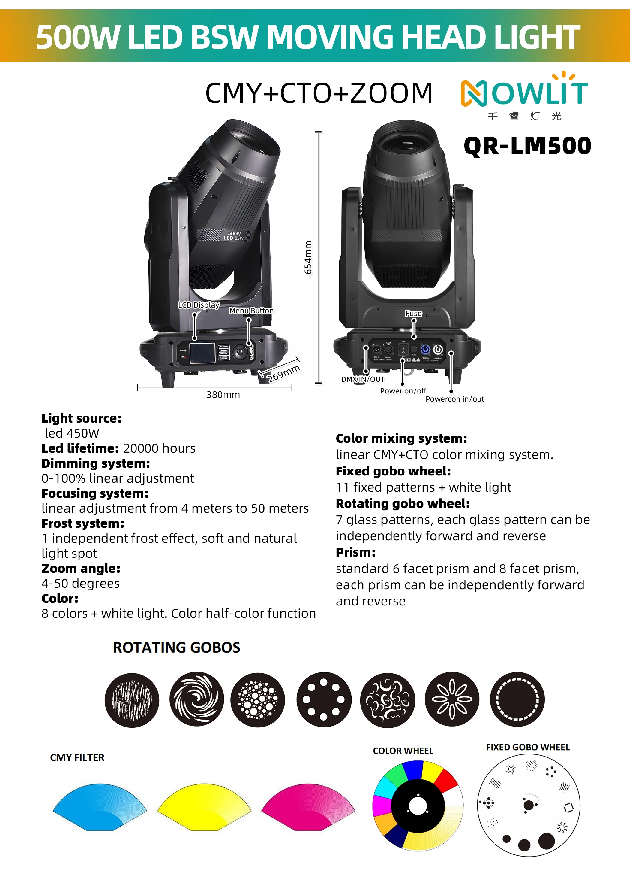 500W LED 3in1 BSW Beam Spot Wash CTO CMY Moving Head Light