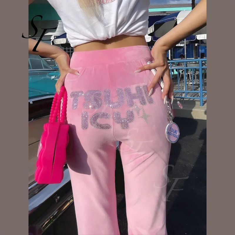 Custom Rhinestone Diamond Logo Ladies Tracksuit Set Pink Velour