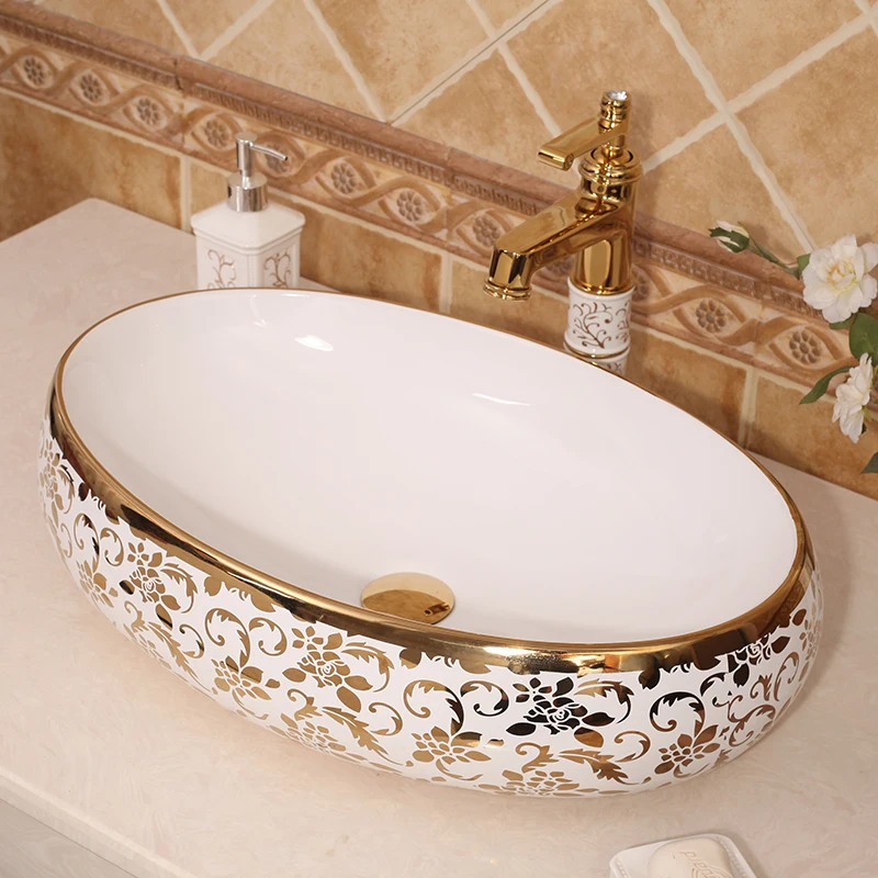 Gilded Elegance Oval Shaped Basin With Intricate Gold Designs For A ...