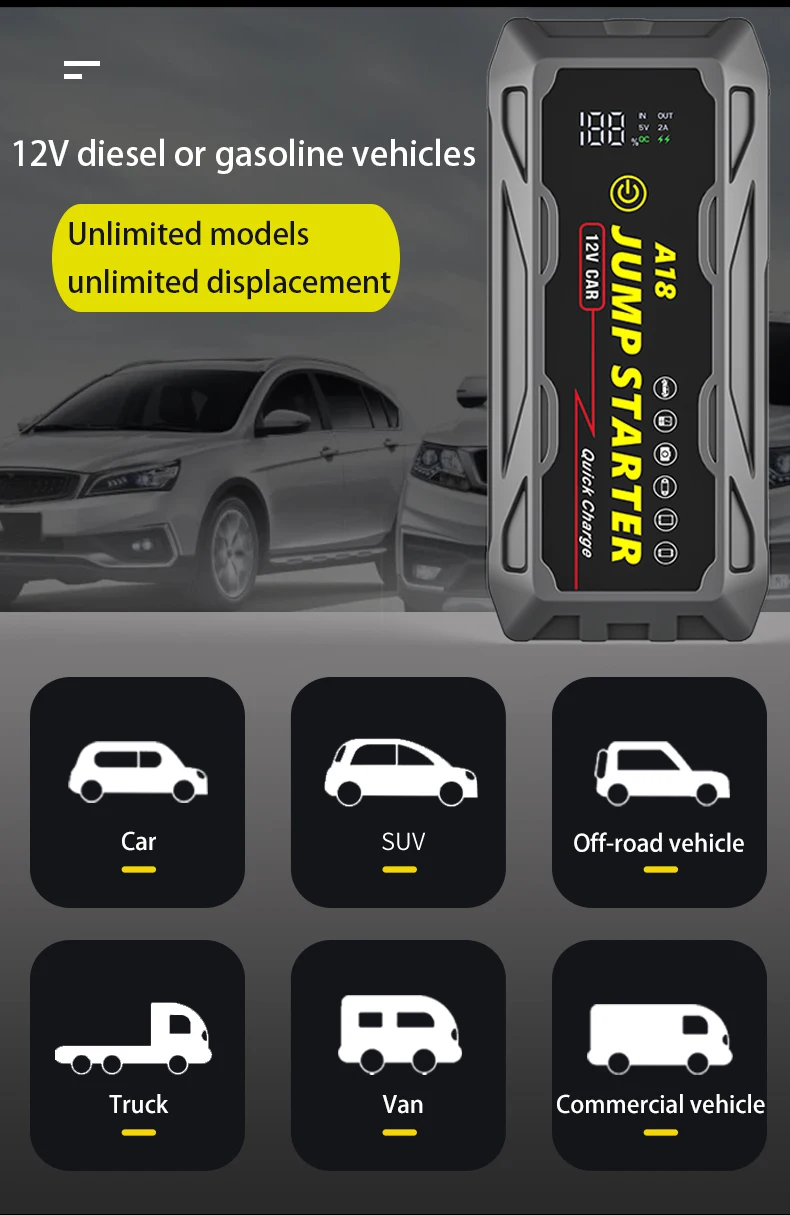 Portable Car Jump Starter Power Bank Emergency Kit Air Compressor ...