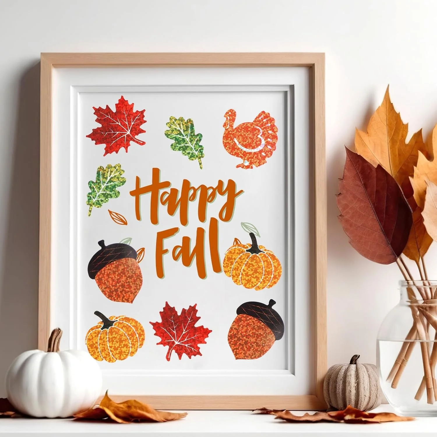 Fall Thanksgiving Stickers Roll Laser Turkey Maple Leaf Acorn Decals ...