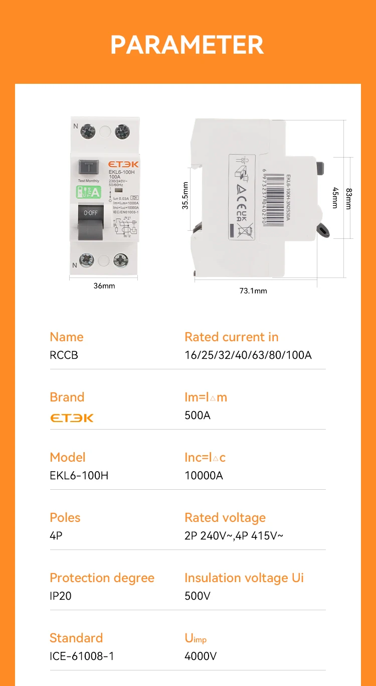 Etek Rccb Breaker 2p(1p+n)a Type Rccb 30ma A Type 16-100a Low Voltage ...
