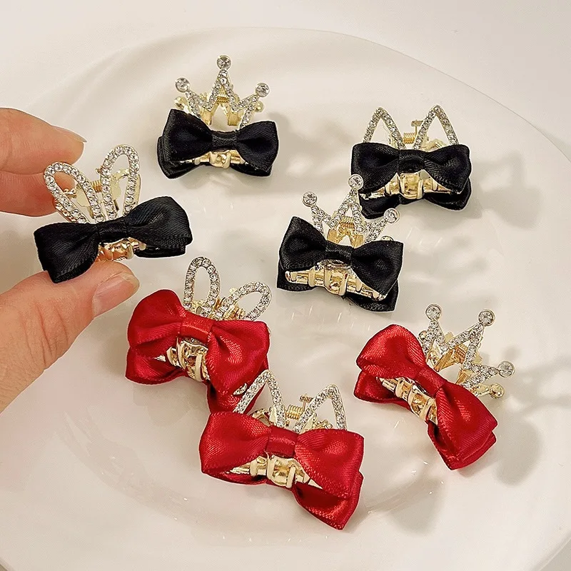 3.5cm Small Crown Cat Rabbit Ears Rhinestone Hair Claw Clips with Satin ...
