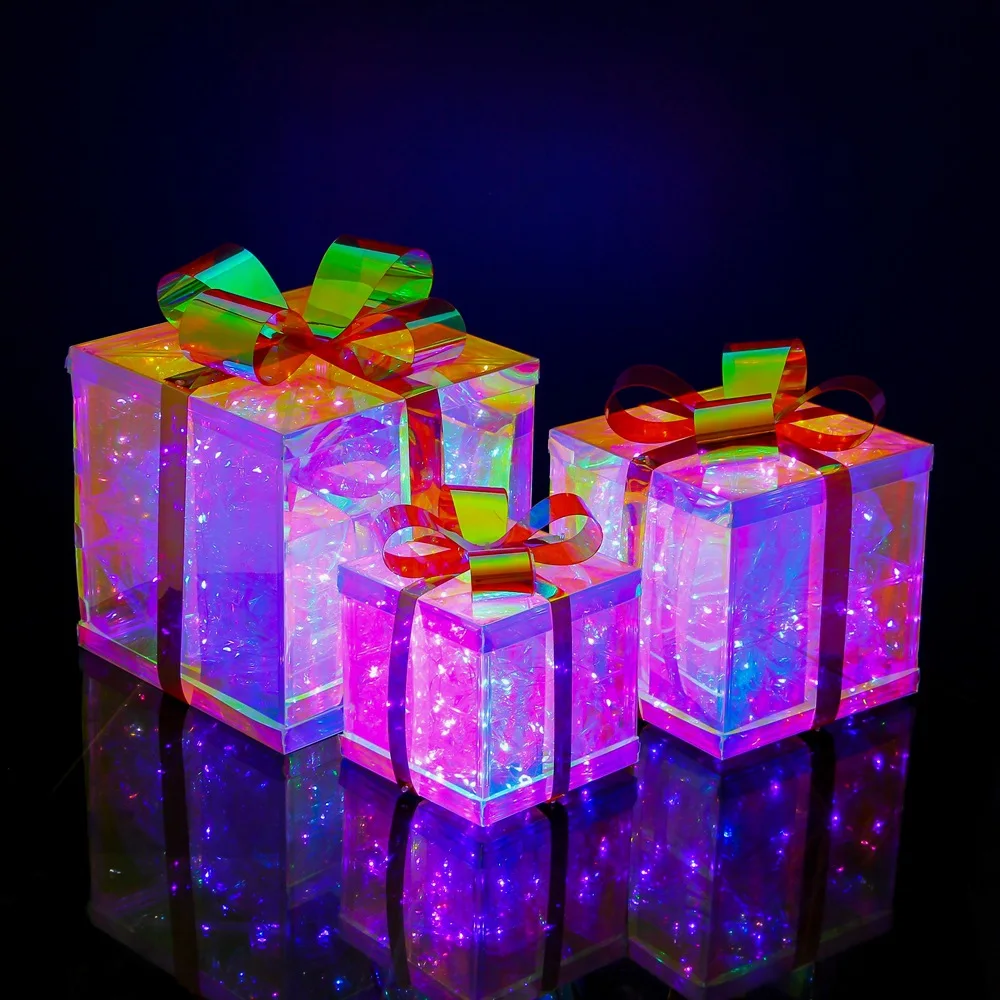 Holographic Christmas Glowing Led Gift Box Glow Decoration For New Year ...