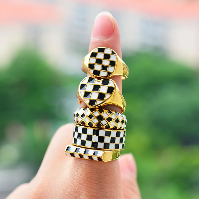 Checker Heart Vintage Tarnish Free Stainless Steel Ring Black And White Enamel Gold Checkered ...