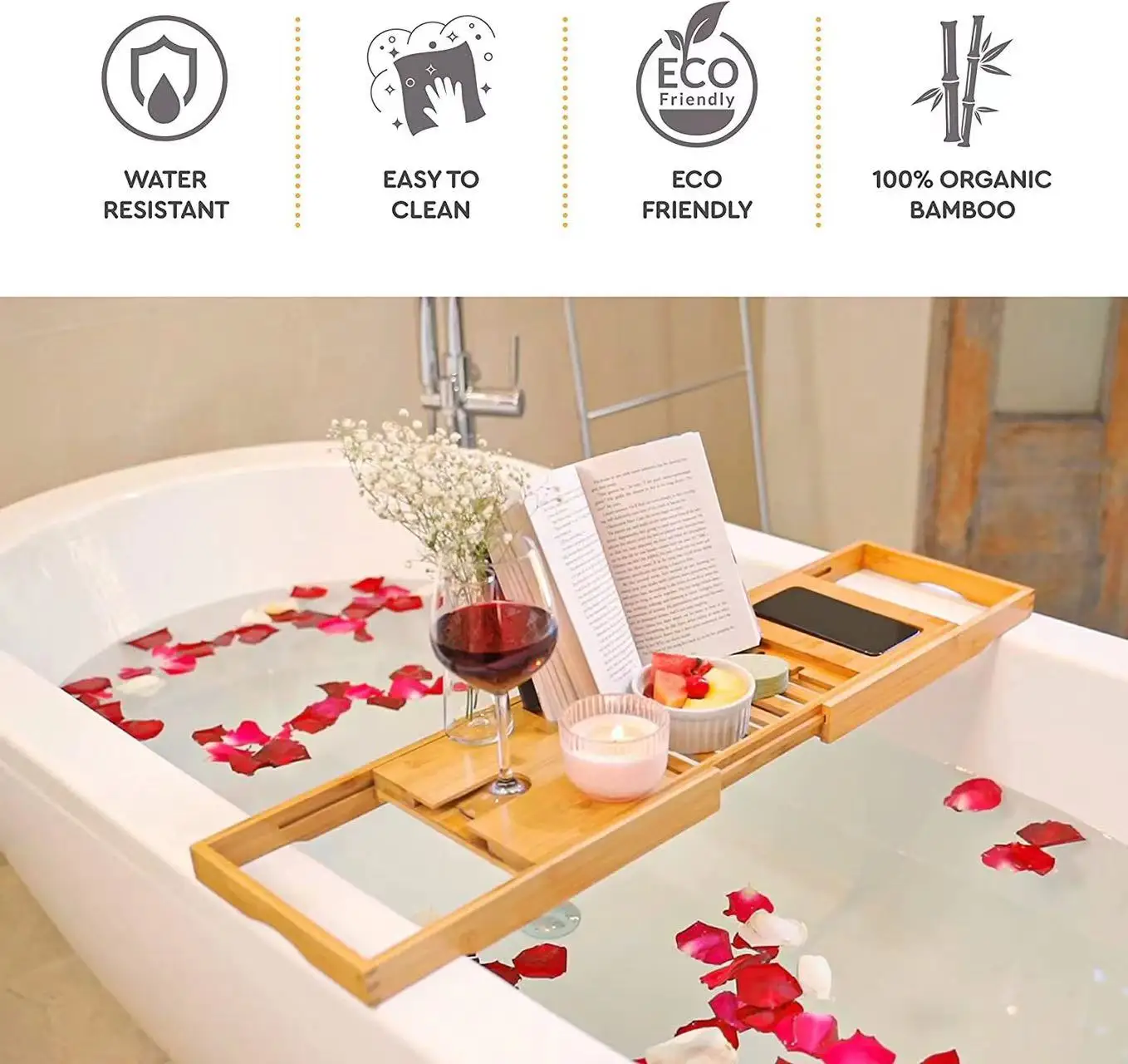 Natural Bamboo Wood Bath Tub Bathtub Caddy Tray With Extendable Arms ...