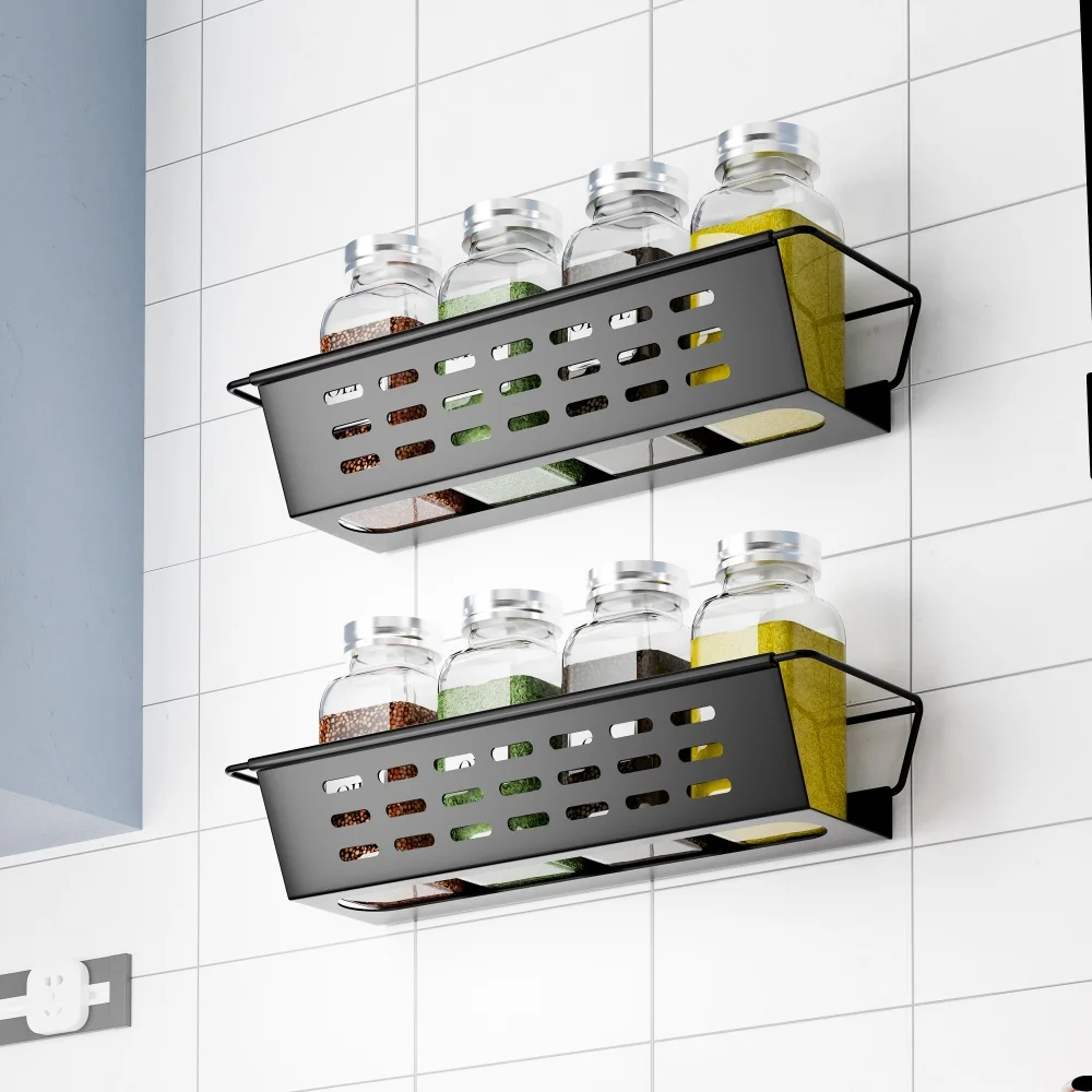 2pc Spice Rack Wall Mounted Kitchen Spice Storage Rack Matt Black ...