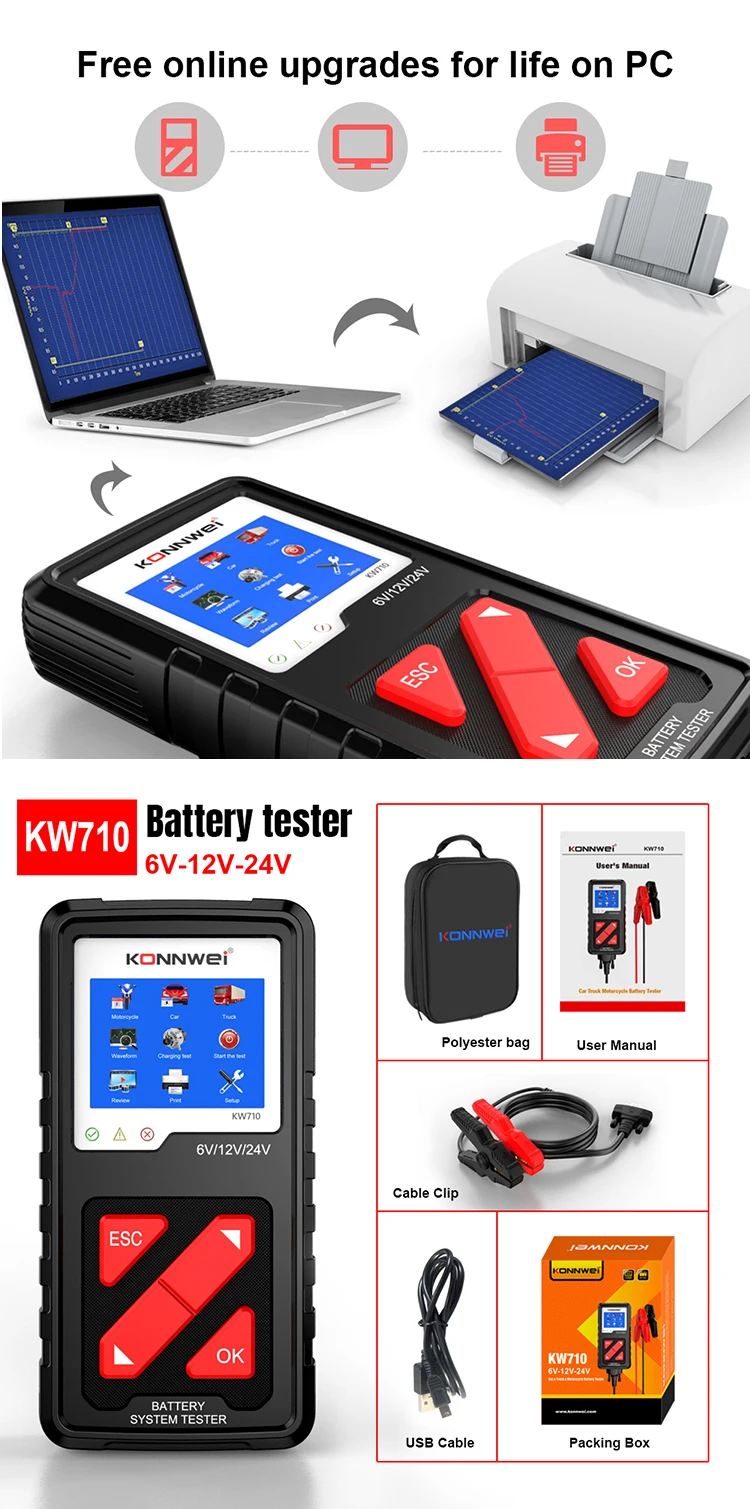 Konnwei Kw710 Motorcycle Car Battery Analyzer Tester For Trucks 6v 12v ...