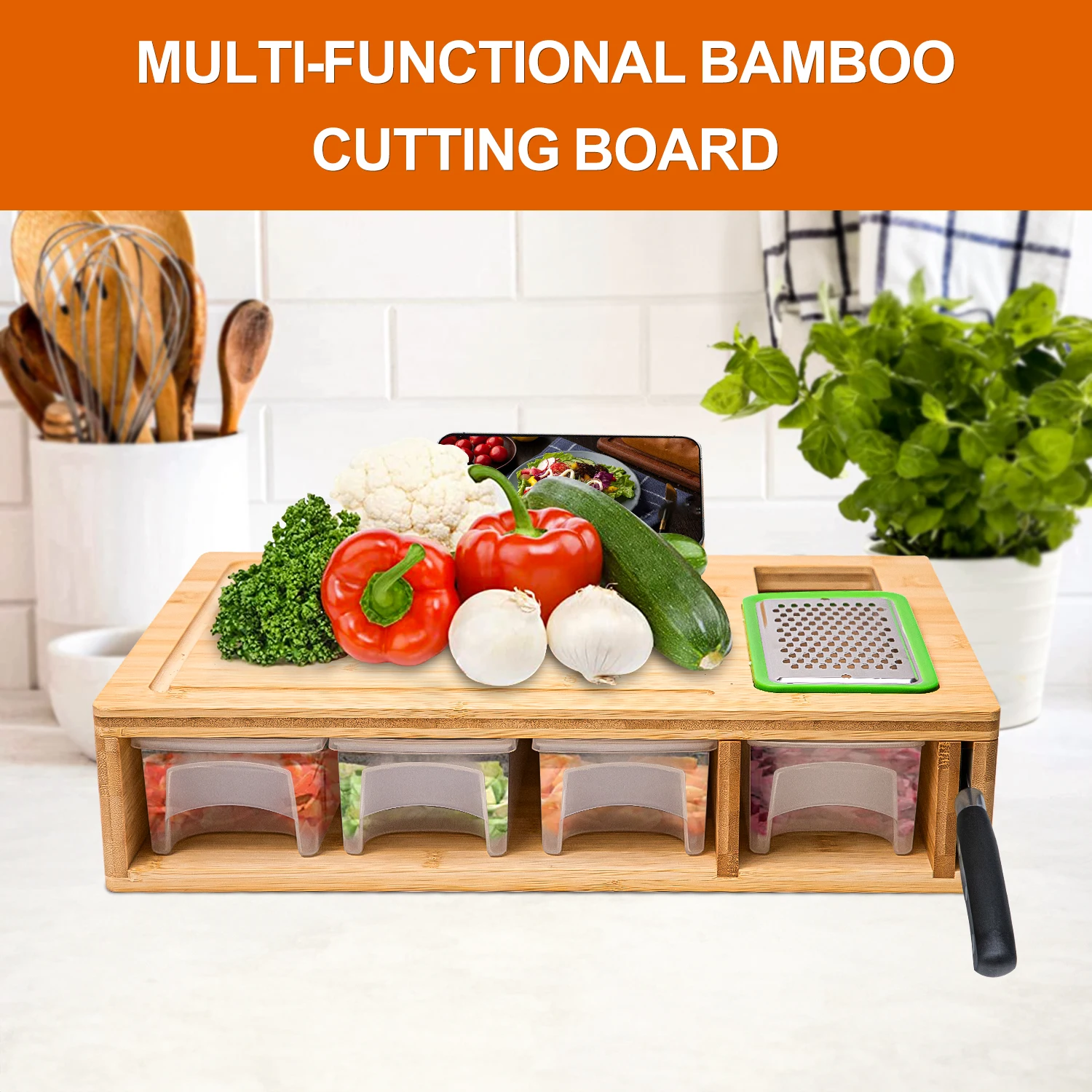 Large 4 Acrylic Drawers Mandalin Chopping Blocks Bamboo Storage Cutting Board With Containers ...