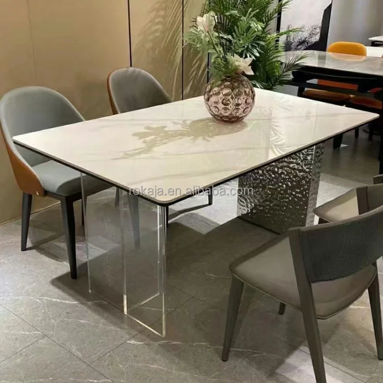 Minimalist Design Acrylic Dining Table with Stainless Steel Ripple Base
