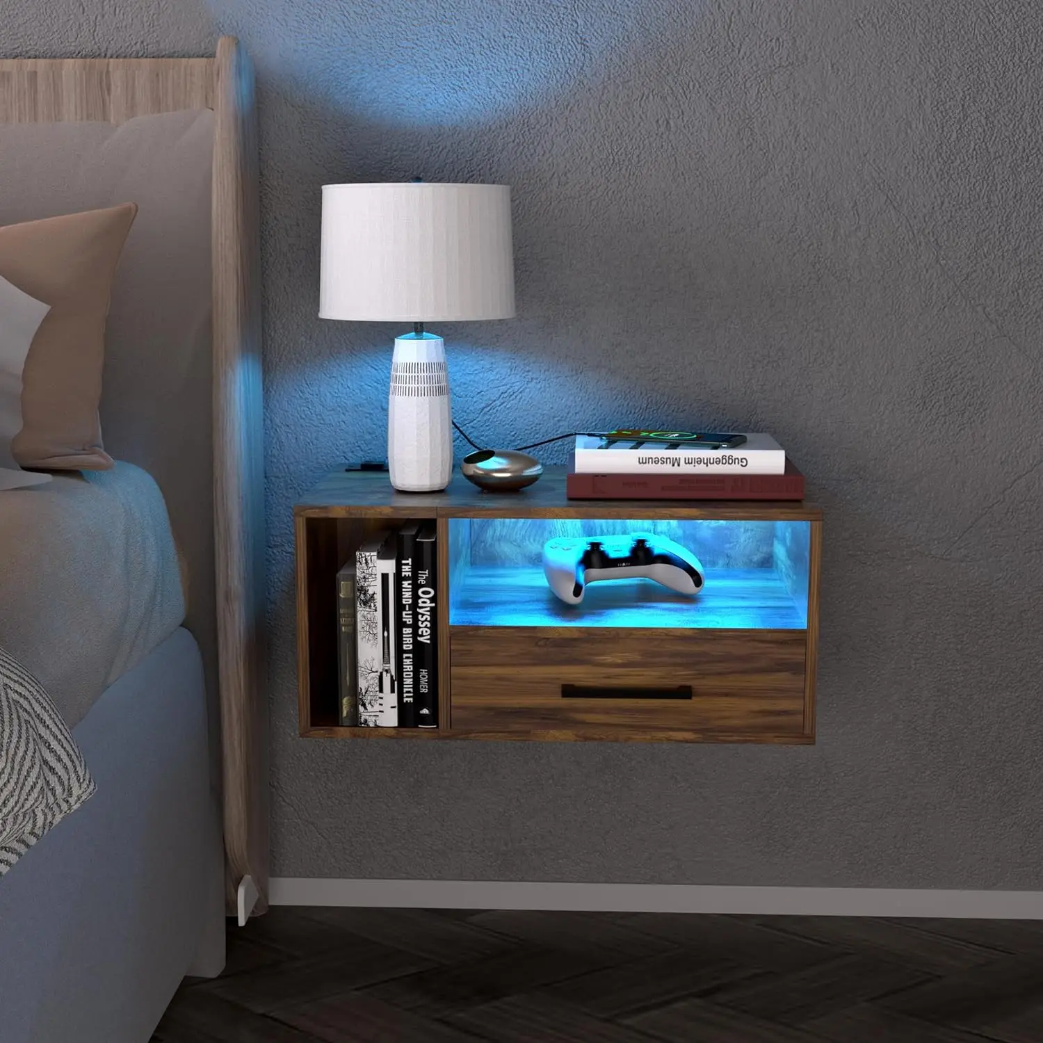 Floating Nightstand With Charging Station and LED Lights Floating With ...