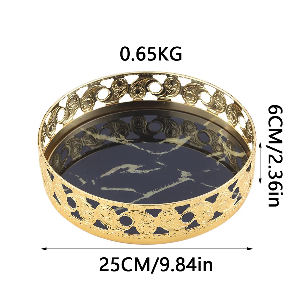 Decorative Tray Glass & Metal Round Mirror Tray Golden Colour Small ...