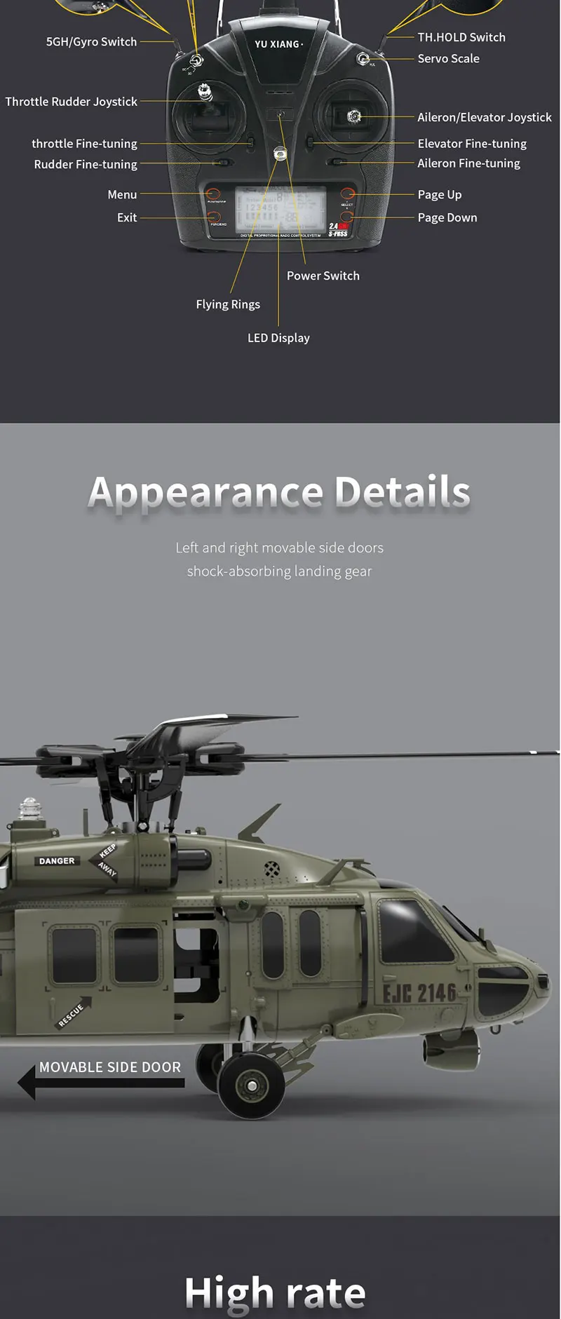 F09 RC Helicopter UH60-Black Hawk 1:47 Scale, 6 Channels Remote Control ...