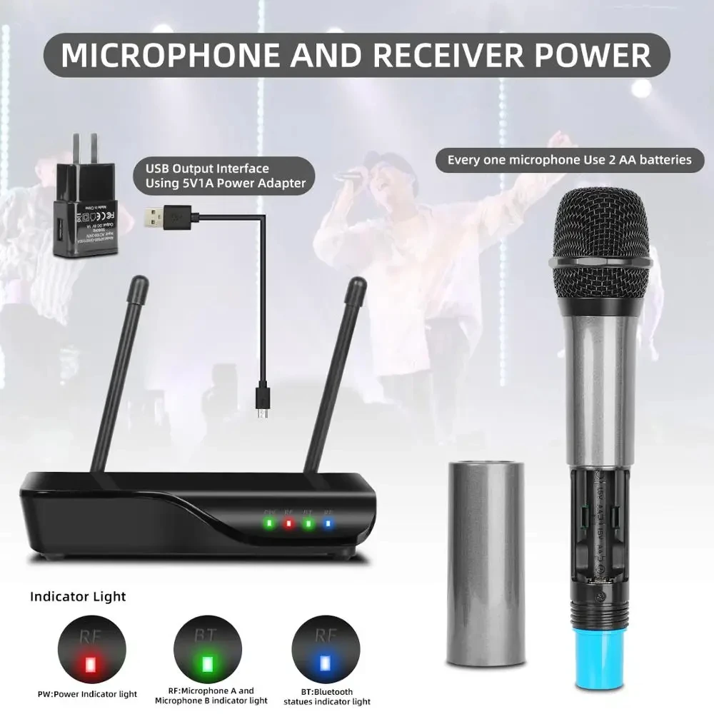 Uhf Dual Wireless Microphone System Bt Handheld Mic With Echo Treble ...