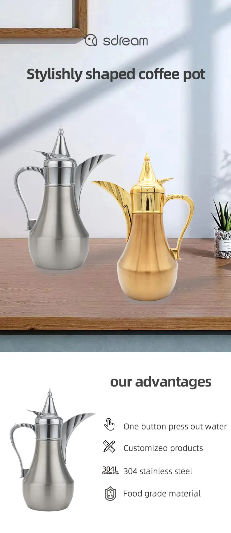 Dallah Arabic Coffee Pot Custom Logo 304 Stainless Steel 500ml Thermos ...