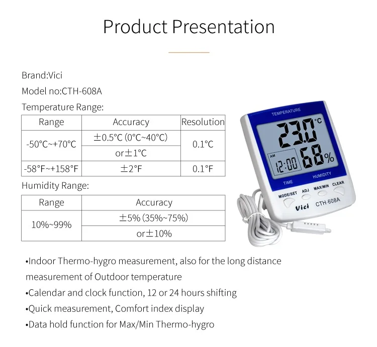 CTH-608A Thermo-Hygrometer - Precise Indoor & Outdoor Readings