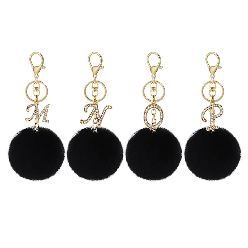26 Letters Alphabet White Pompom Fur Ball Keychain Creative Small Gift ...