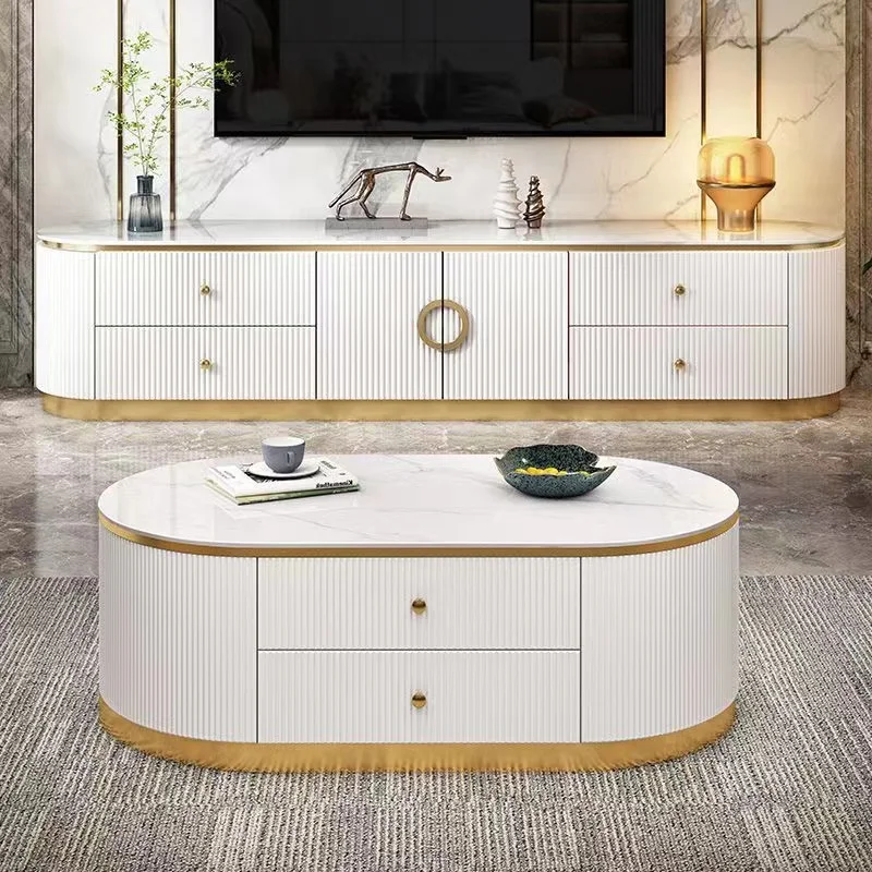 Luxury Living Room Glossy Gold Tv Table Luxury Stainless Steel Marble ...