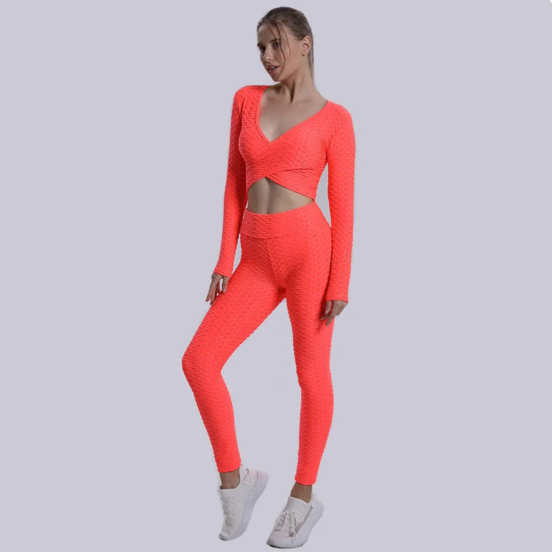 Pure Color Jacquard Bubble Workout Clothing Women Set Sexy Cross Top ...