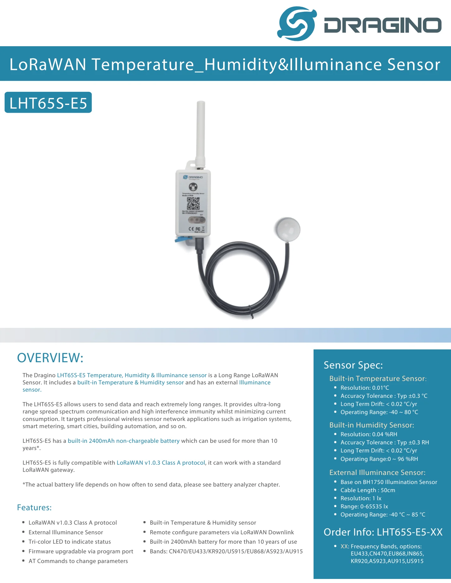 Dragino Lht65s-e5 Lorawan带天线的温度、湿度和照度传感器 - Buy Lht65s-e5,Lorawan温度湿度和照度传感器,Lorawan天线 Product on ...