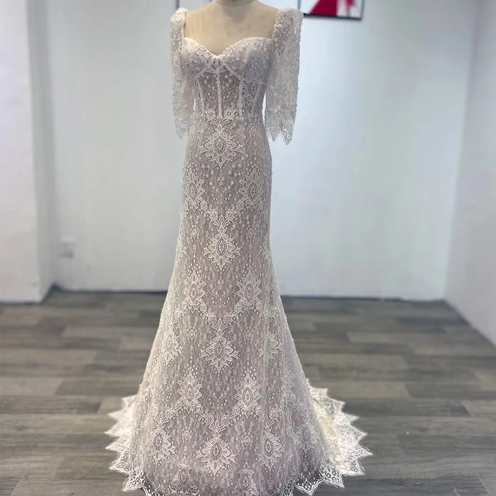 Lace Mermaid Wedding Dress Long Flared Sleeve Small Train Backless ...