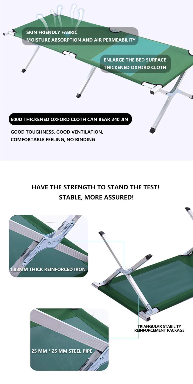 Adjustable Single Outdoor Camping Bed Portable Folding Metal Iron Frame ...