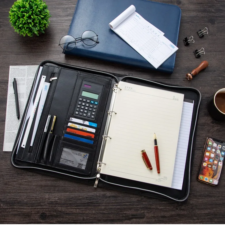 Custom Pu Ring Binder Folder A4 With Logo,Leather Zipper Portfolio ...