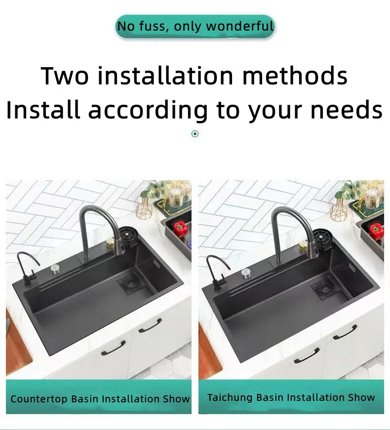 Black Nano Kitchen Sink 304 Stainless Steel Fruit And Vegetable Bowls ...