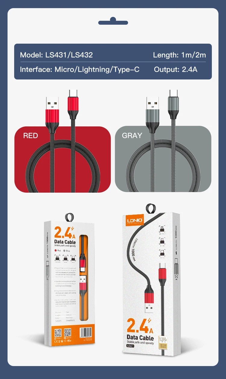 Ldnio Ls431 Mobile Phone Fast Charging Data Communication Cable Quick Charge 2.4a Type C Micro ...