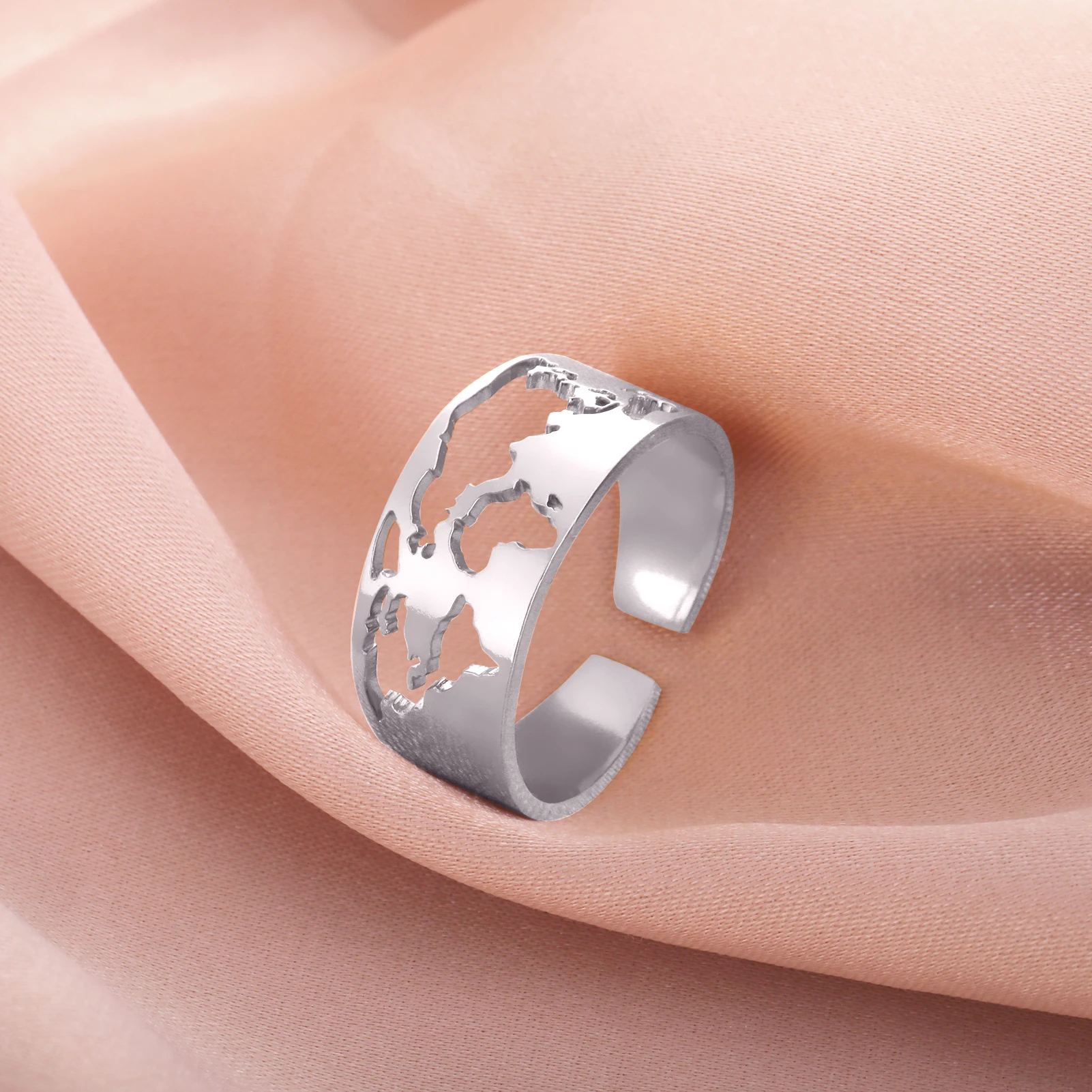 Globe World Map Open Ring Fashion Adjustable Traveler Rings Stainless ...