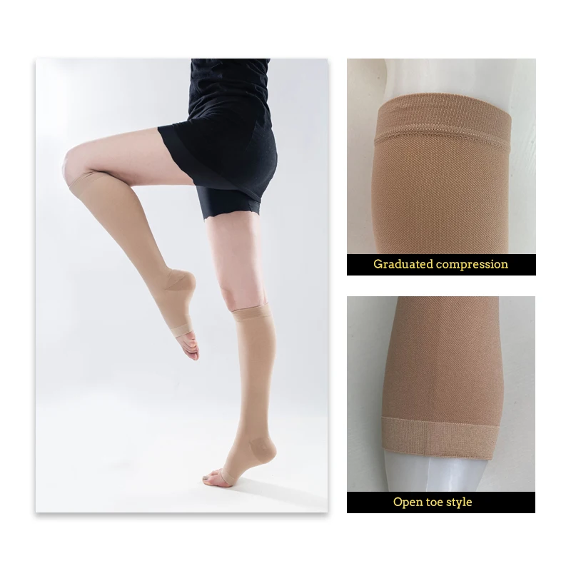 Medical 15-20mmHg Nylon Knee High Stockings Open Toe Spandex / Nylon ...