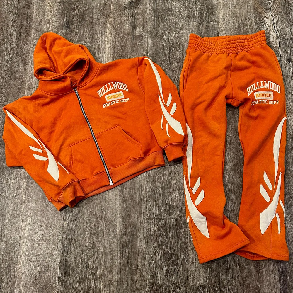 Custom Men Hoodie And Sweat Pant Set Embroidery Applique Distressed ...