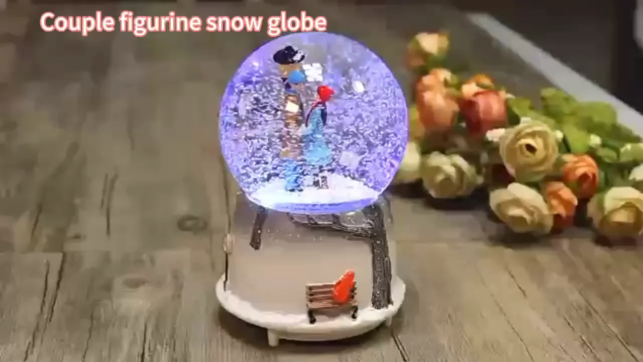 Couple Figurine Snow Globe Music Box With Snowflakes Romantic Crystal Ball Luminous Snow Globe ...