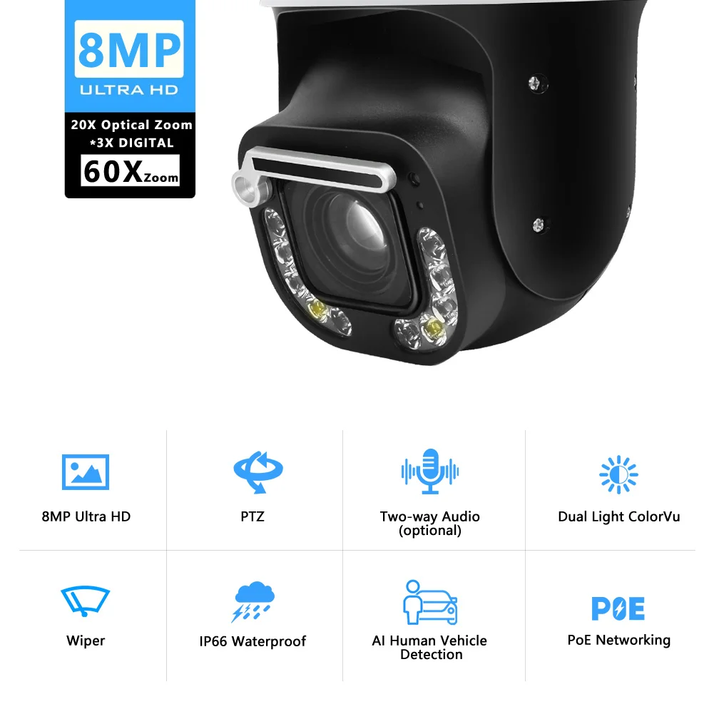8MP High Speed PTZ Camera with Dual Light & AI Tracking