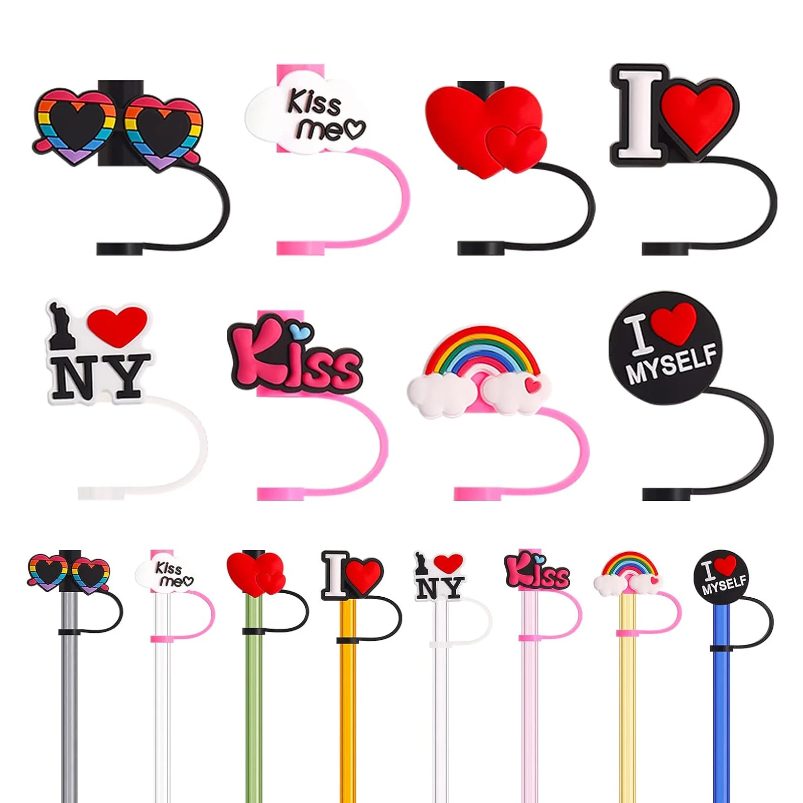 Cute Heart Silicone Reusable Straw Covers Tips Cap Drinking Accessories ...