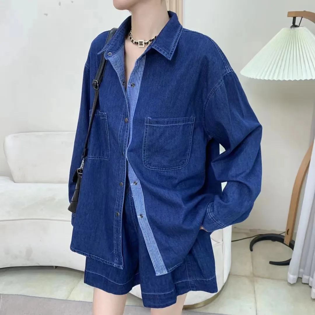 Women's Casual Denim Blouses And Shorts Set Long Sleeve Loose Button ...