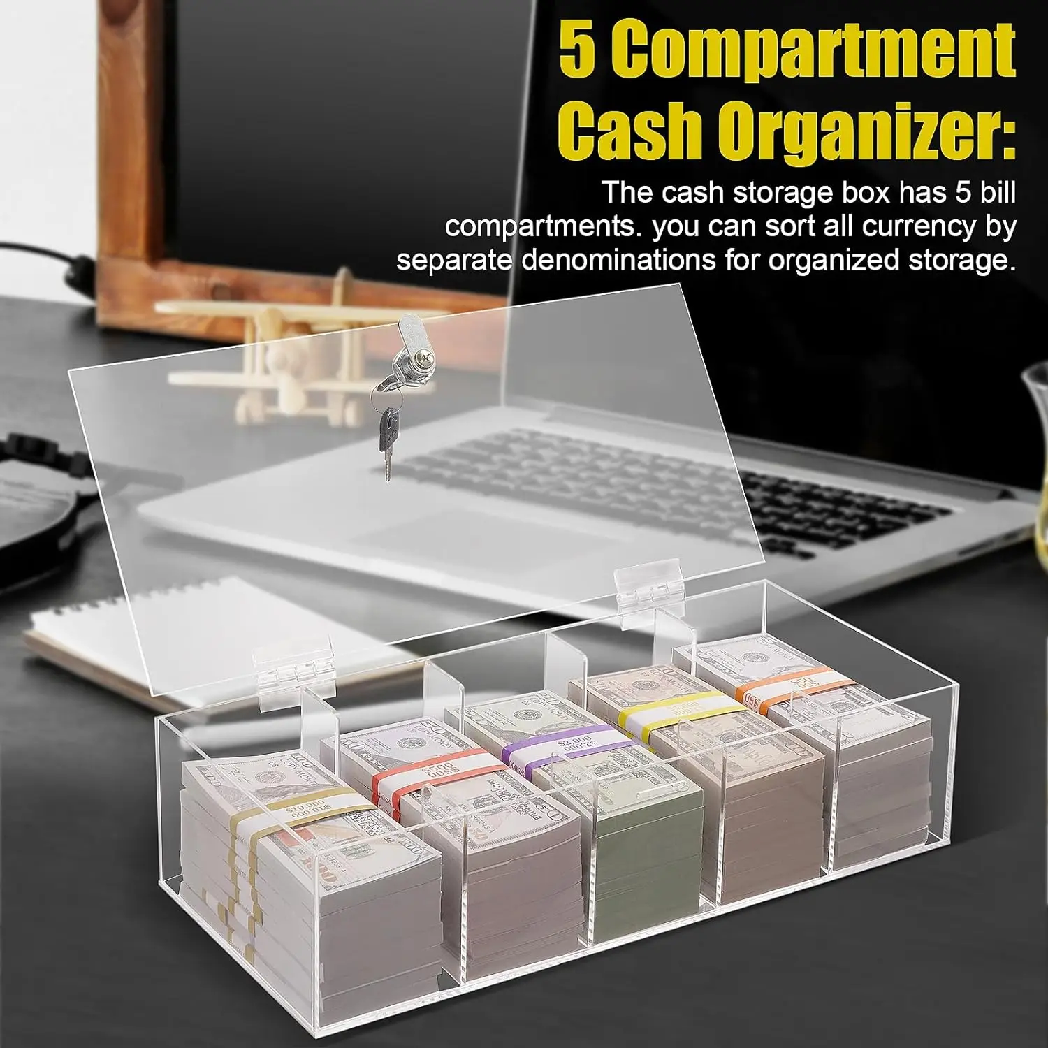 Wholesales Custom Clear Acrylic Locking Currency Tray 5 Compartment ...