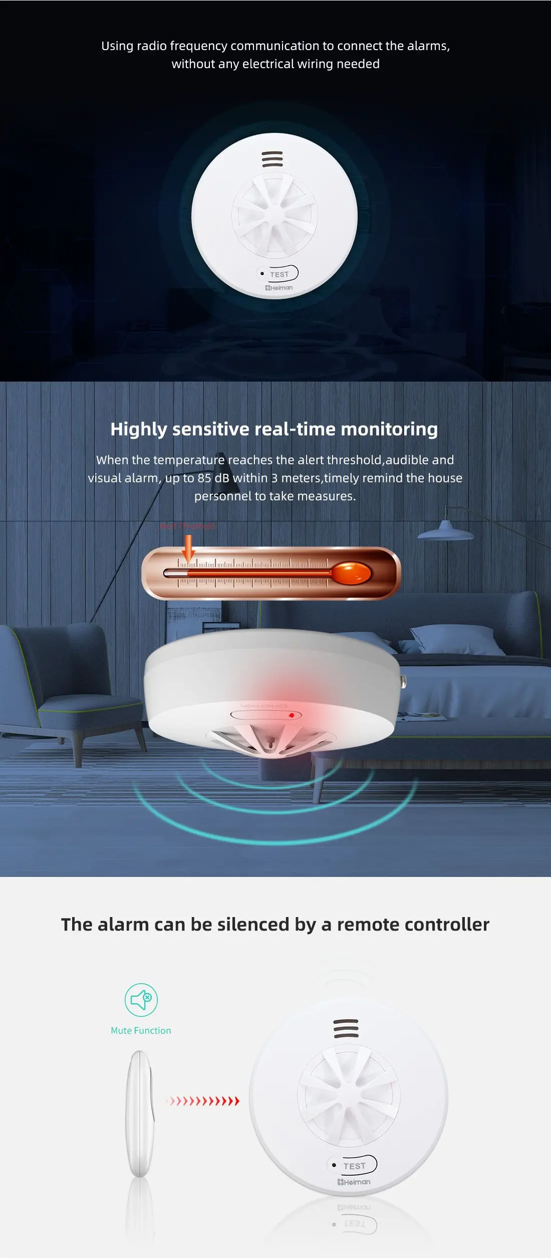 Wholesale Heat Alarm Interconnected RF433mhz Wireless Heat Detector 10 ...