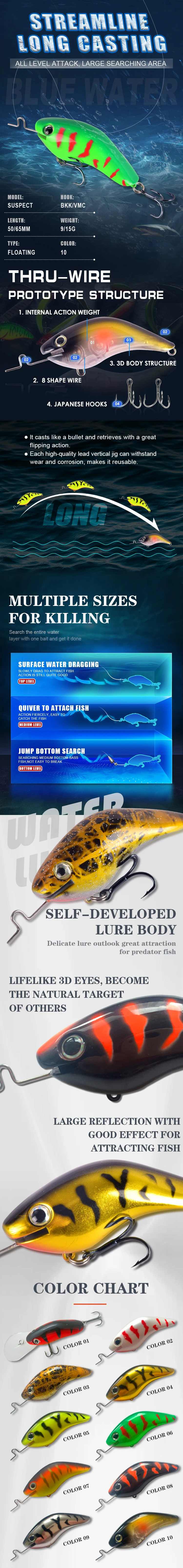 Beatle Shape Long Lip 65mm River Lake Minnow Hard Salmon Fish Bait ...