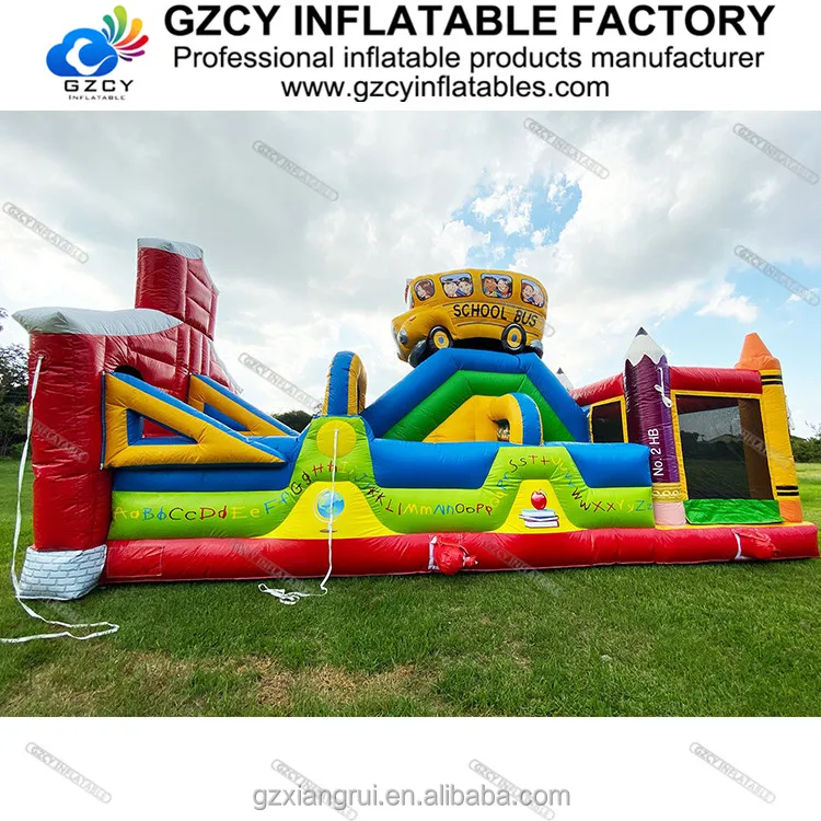 Large Inflatable Bouncy Castles School Bus Bounce House Obstacle Course ...