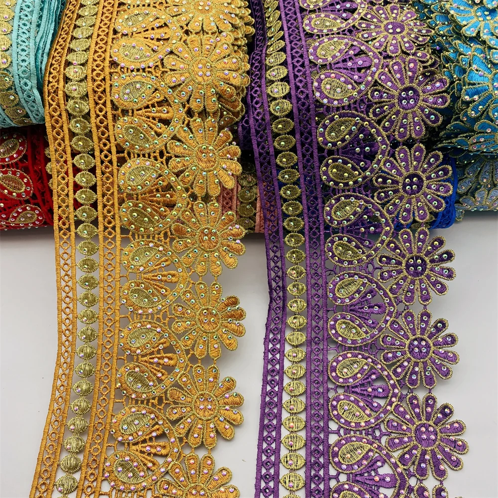 Many Colors African Lace Trim With Rhinestone Metallic Embroidered ...