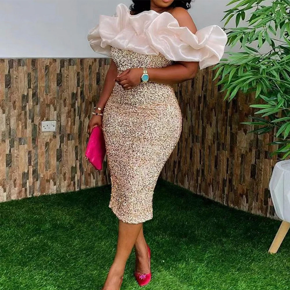 Bare Shoulder Sequin Tulle Ruffle Backless Elegant Women Evening Dress ...